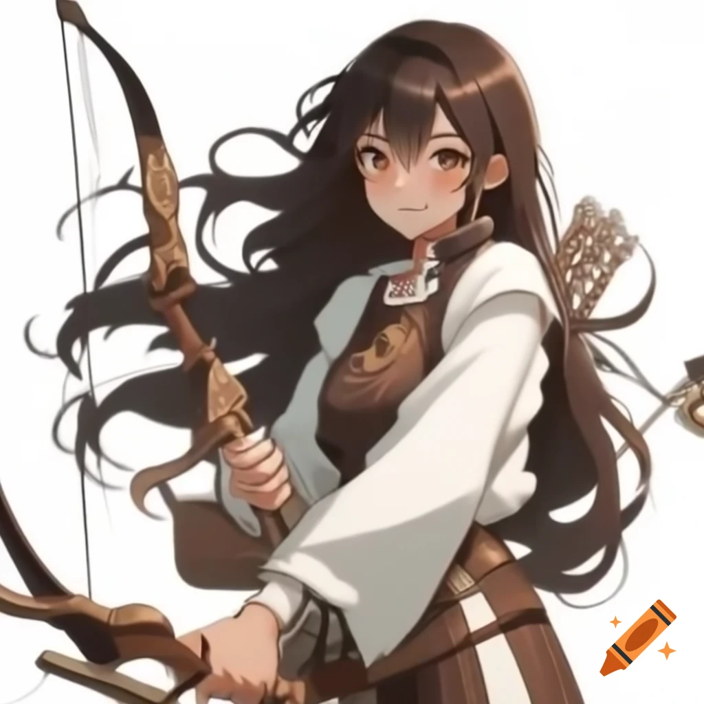 Anime-style illustration of a girl with long dark brown hair practicing ...