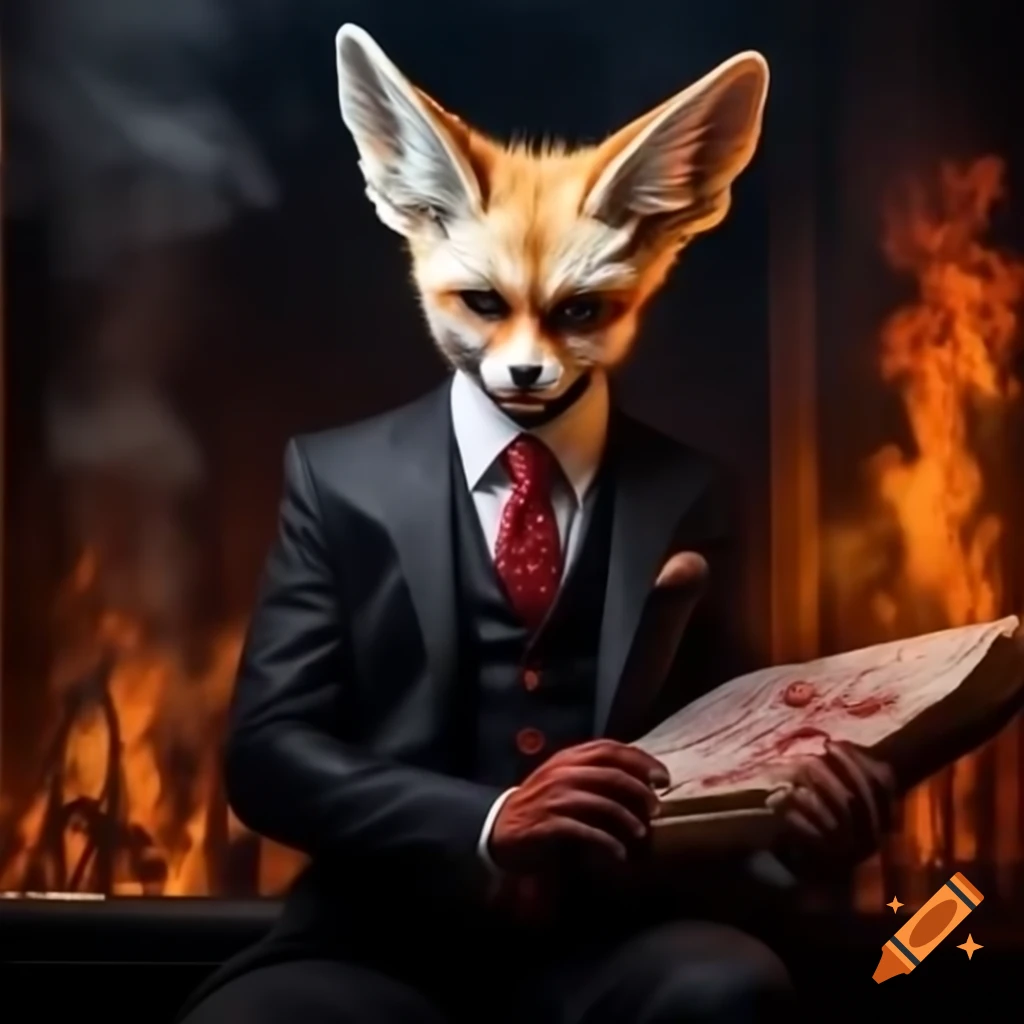 Fennec with nine tails in a suit holding a shadowy ledger on Craiyon
