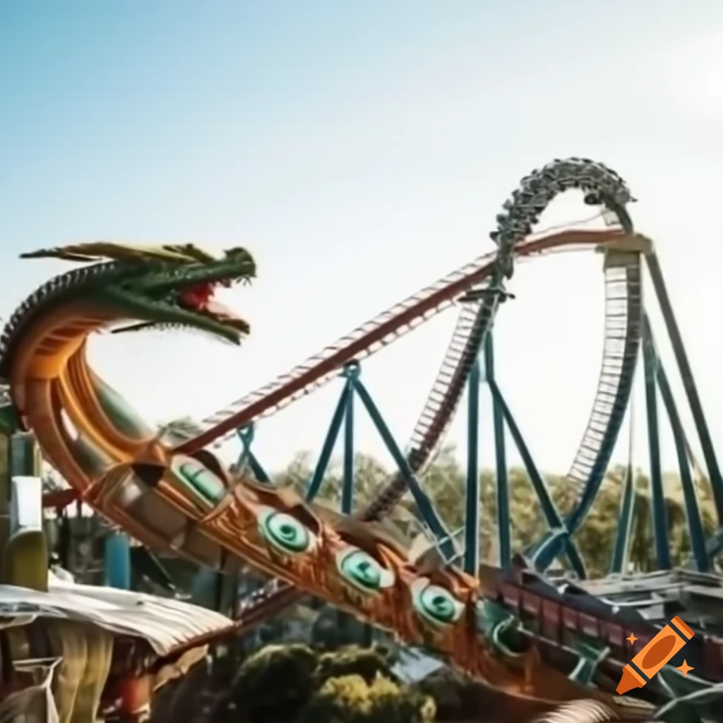 Amusement park poster featuring dragon, roller coaster, and ferris wheel on Craiyon