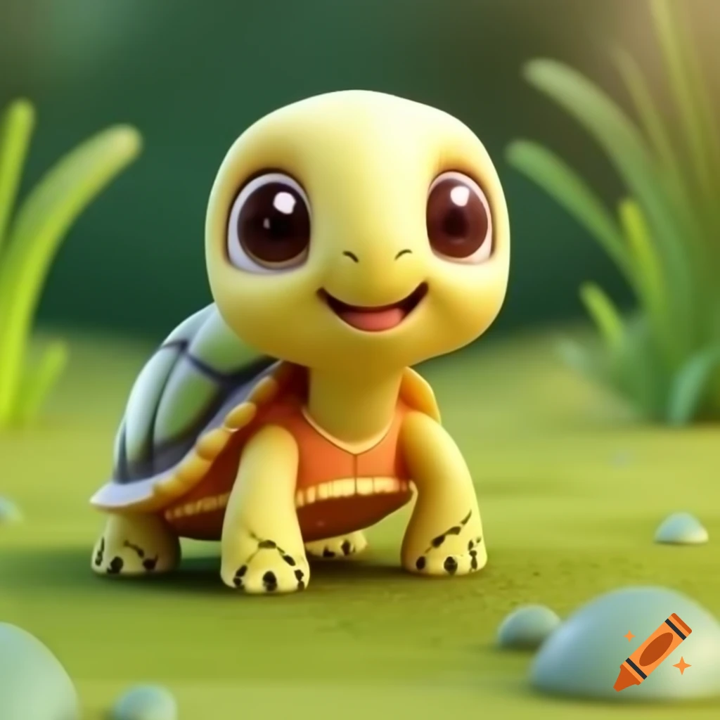 Hyper realistic cute turtle with yellow and orange shell in 2D cartoon ...