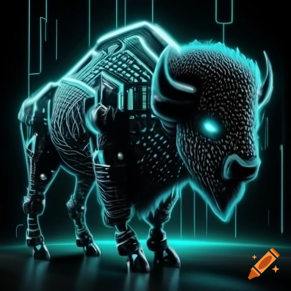 Cybernetic bison with glowing lines and binary code in cyberpunk style ...