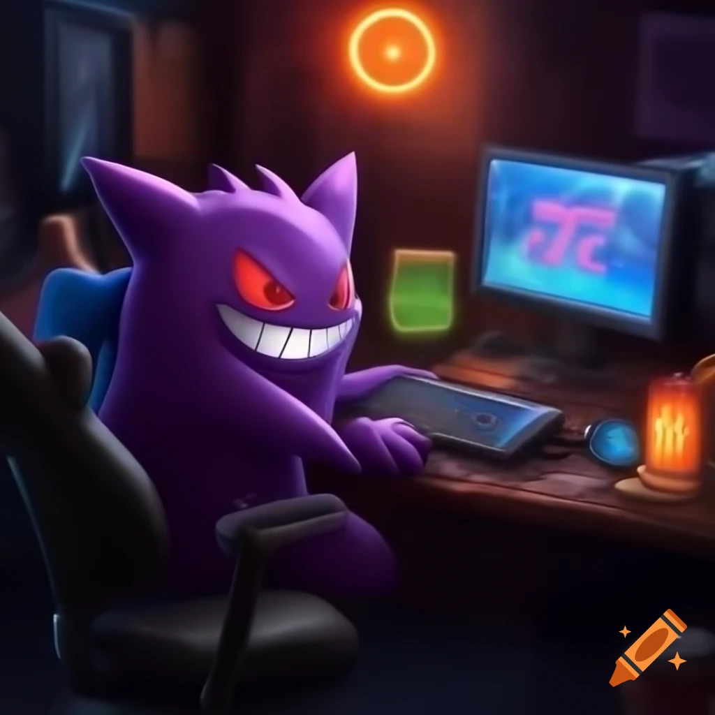 Gengar using a PC in dark room with orange neon lights on Craiyon