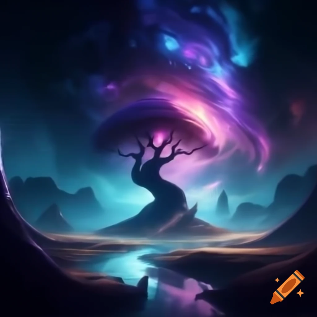 Surreal landscape featuring glowing ancient tree with bioluminescent ...