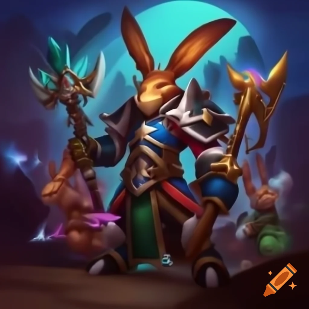 Anthropomorphic warrior rabbits in colorful armor battling a cartoonish ...