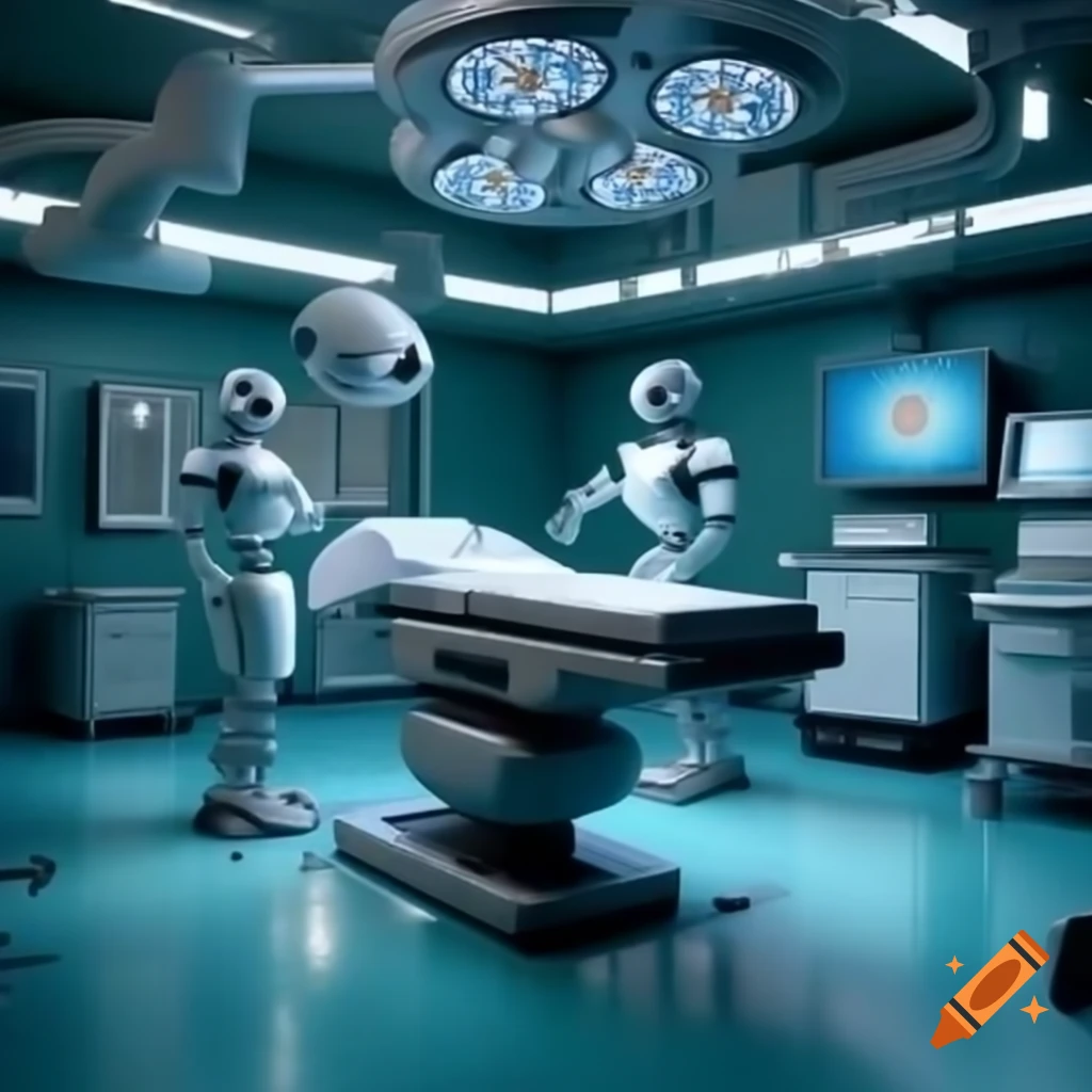 Futuristic operating room with AI directing robotic systems for ...