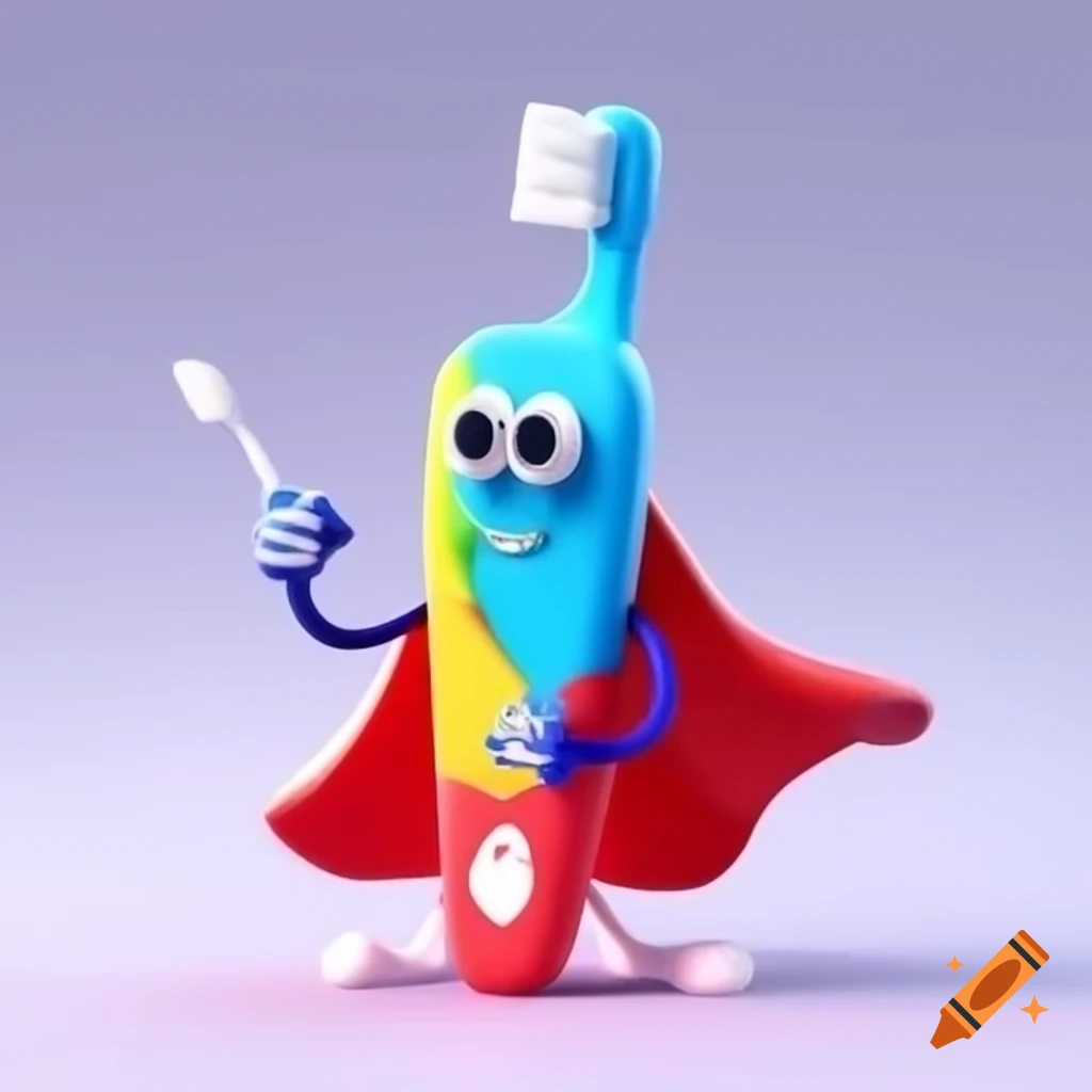 Cartoon toothbrush character with smile and superhero cape on Craiyon
