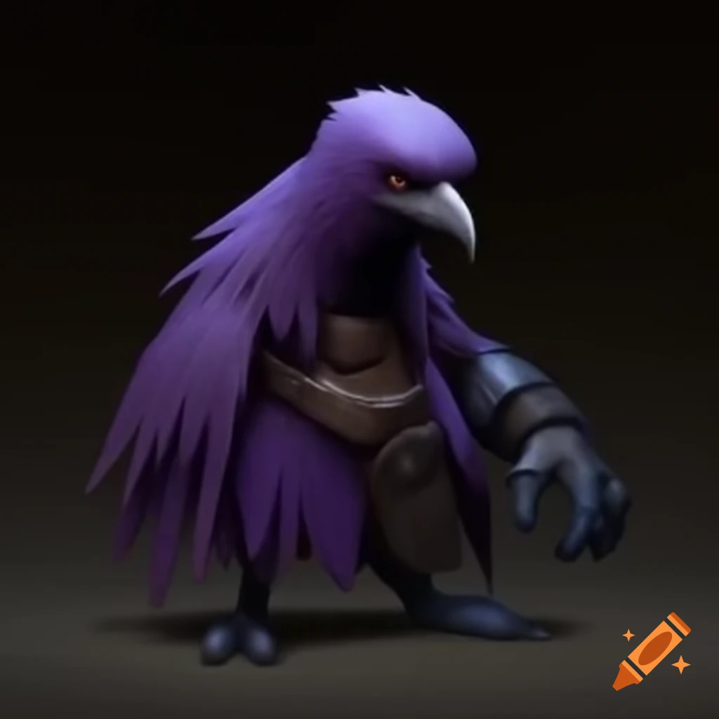 Gaunt raven-like humanoid figure with deep purple plumage struggling to ...