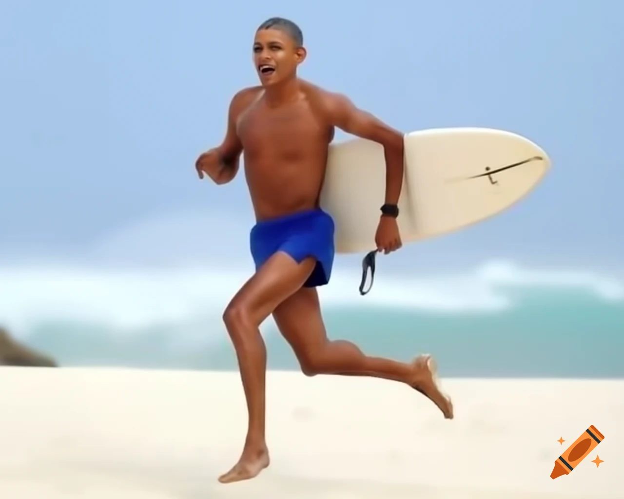 Barack Obama running on the beach with surfboard in blue shorts on Craiyon