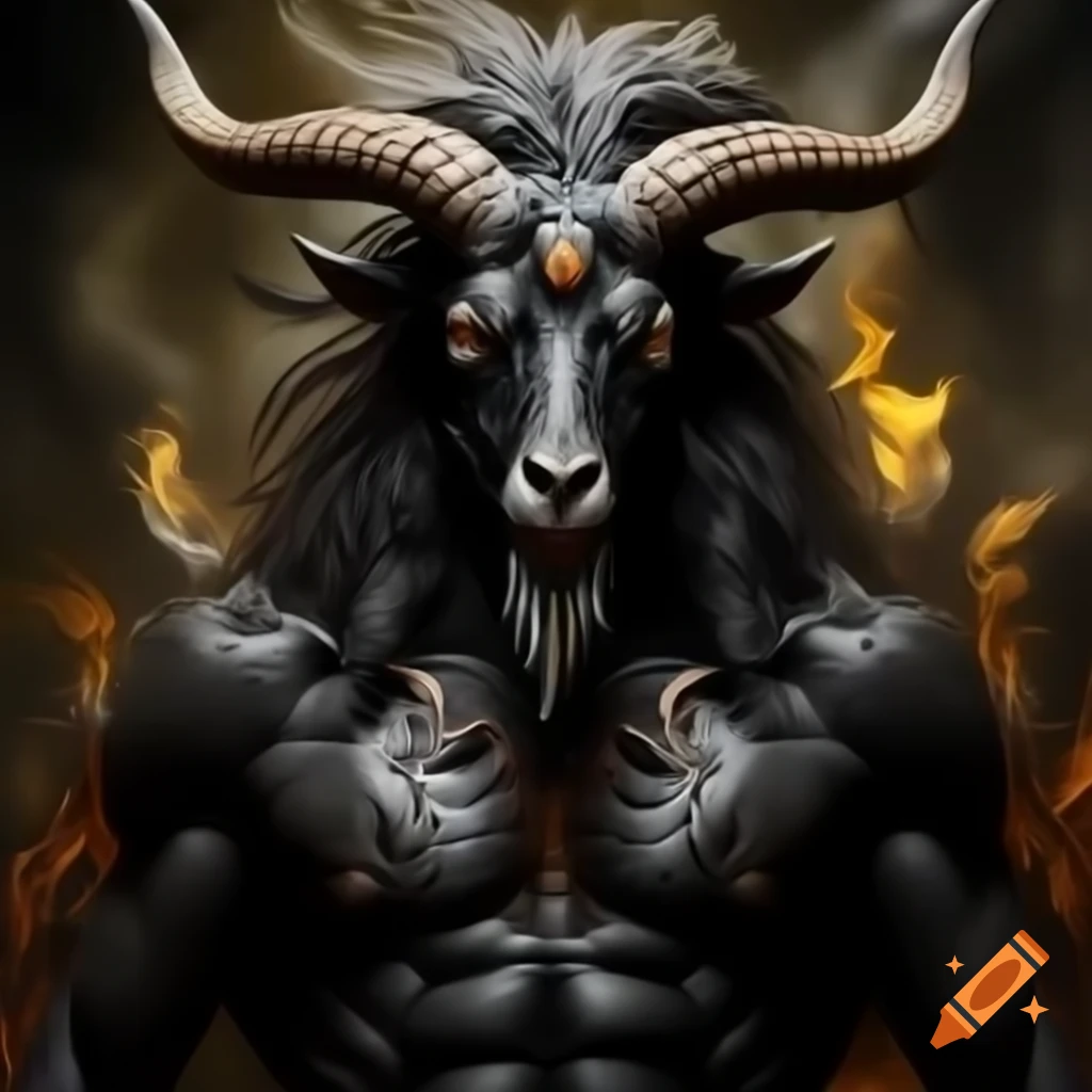Majestic black goat demon with flowing hair and formidable horns in ...