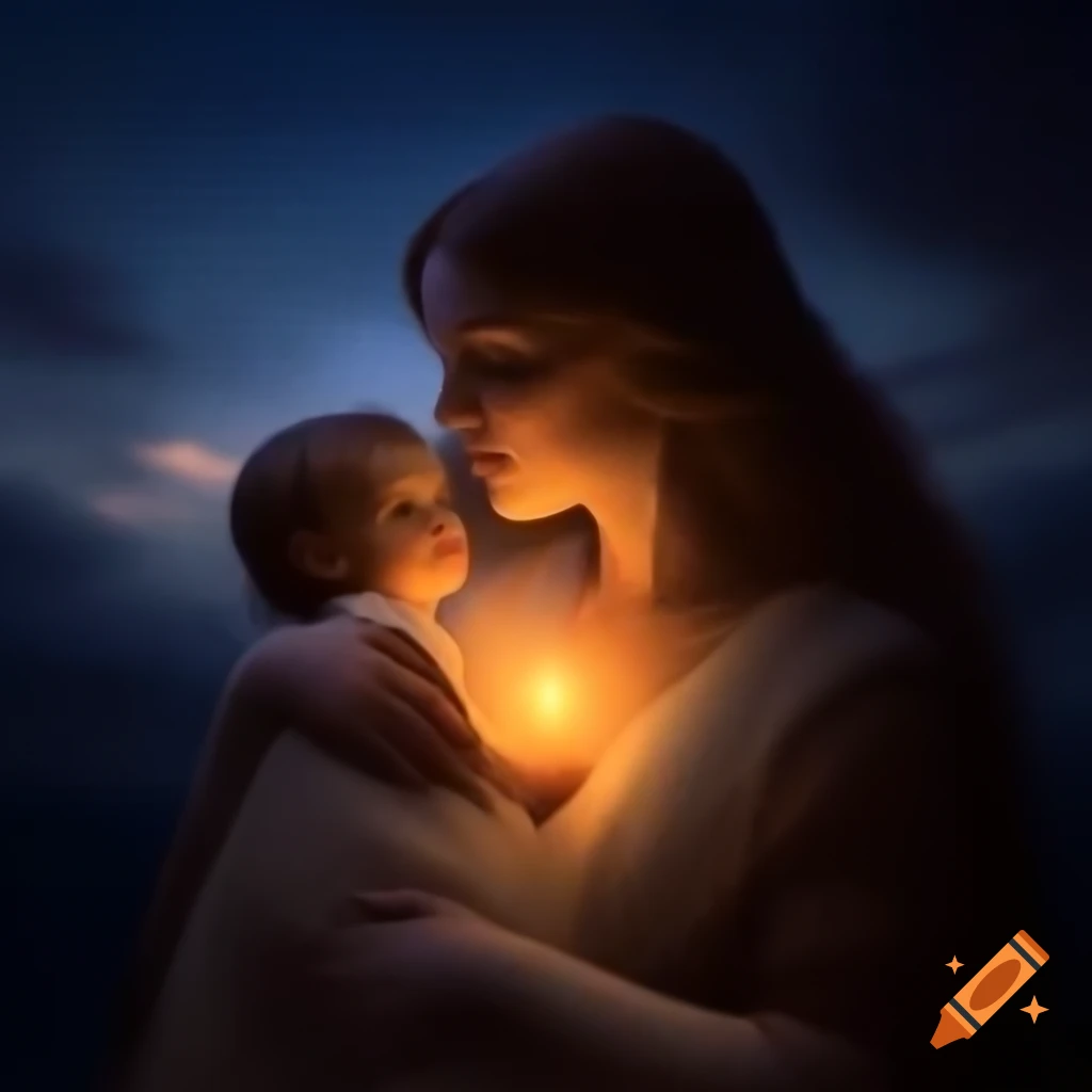 Ethereal opera scene of mother embracing child under twilight sky with glowing hues on Craiyon