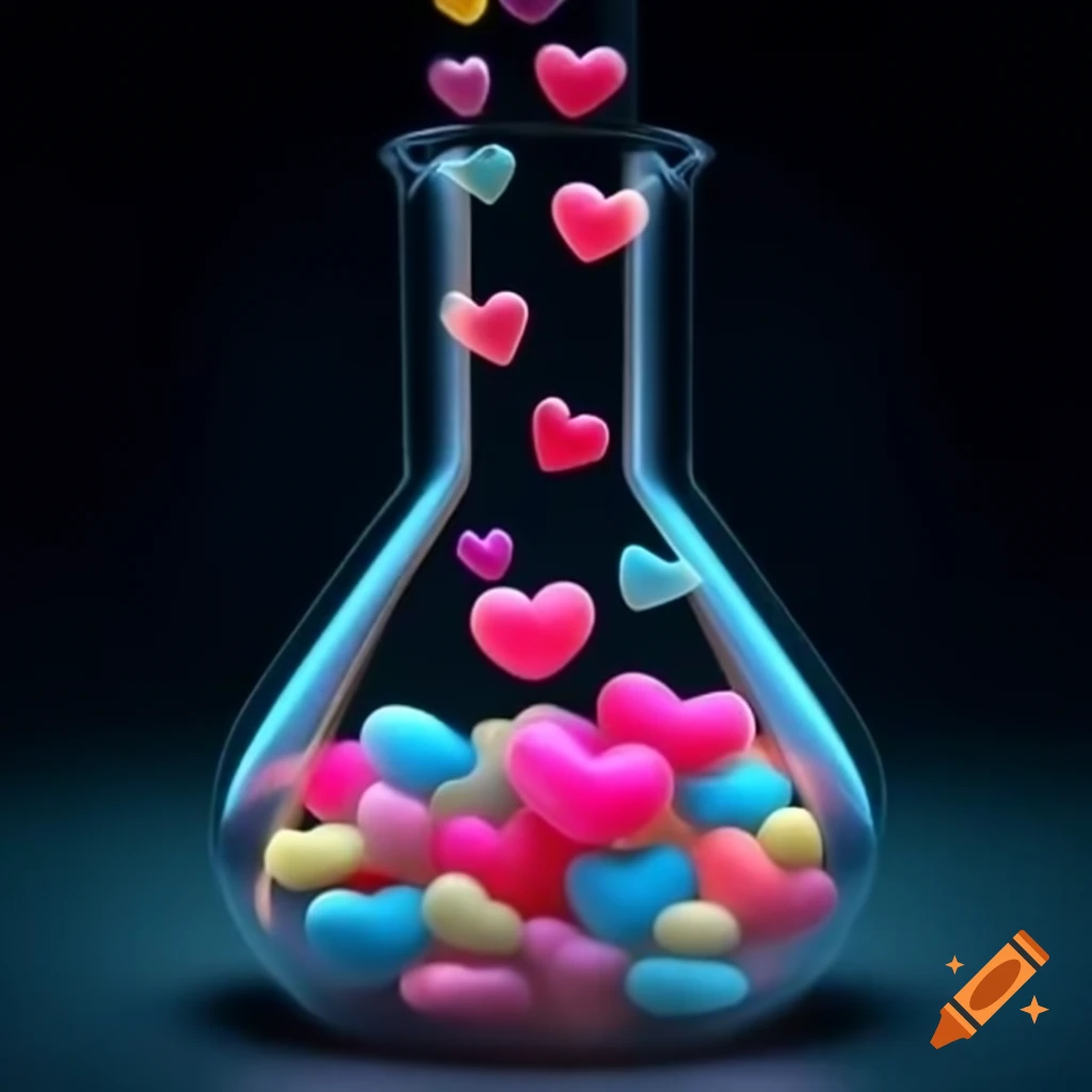 Vibrant hearts emerging from science flask symbolizing chemistry of ...