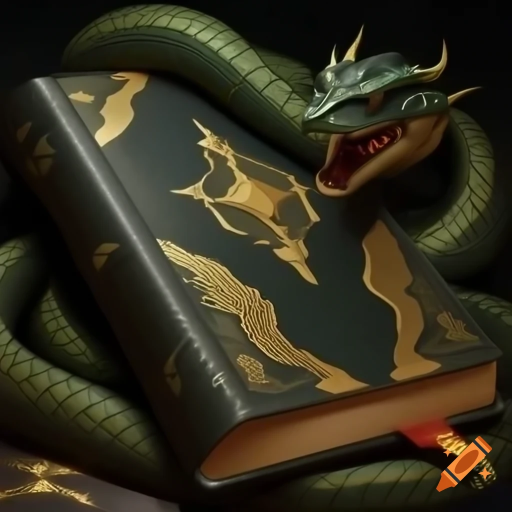 Ancient grimoire with winged serpent design and mystical golden energy ...