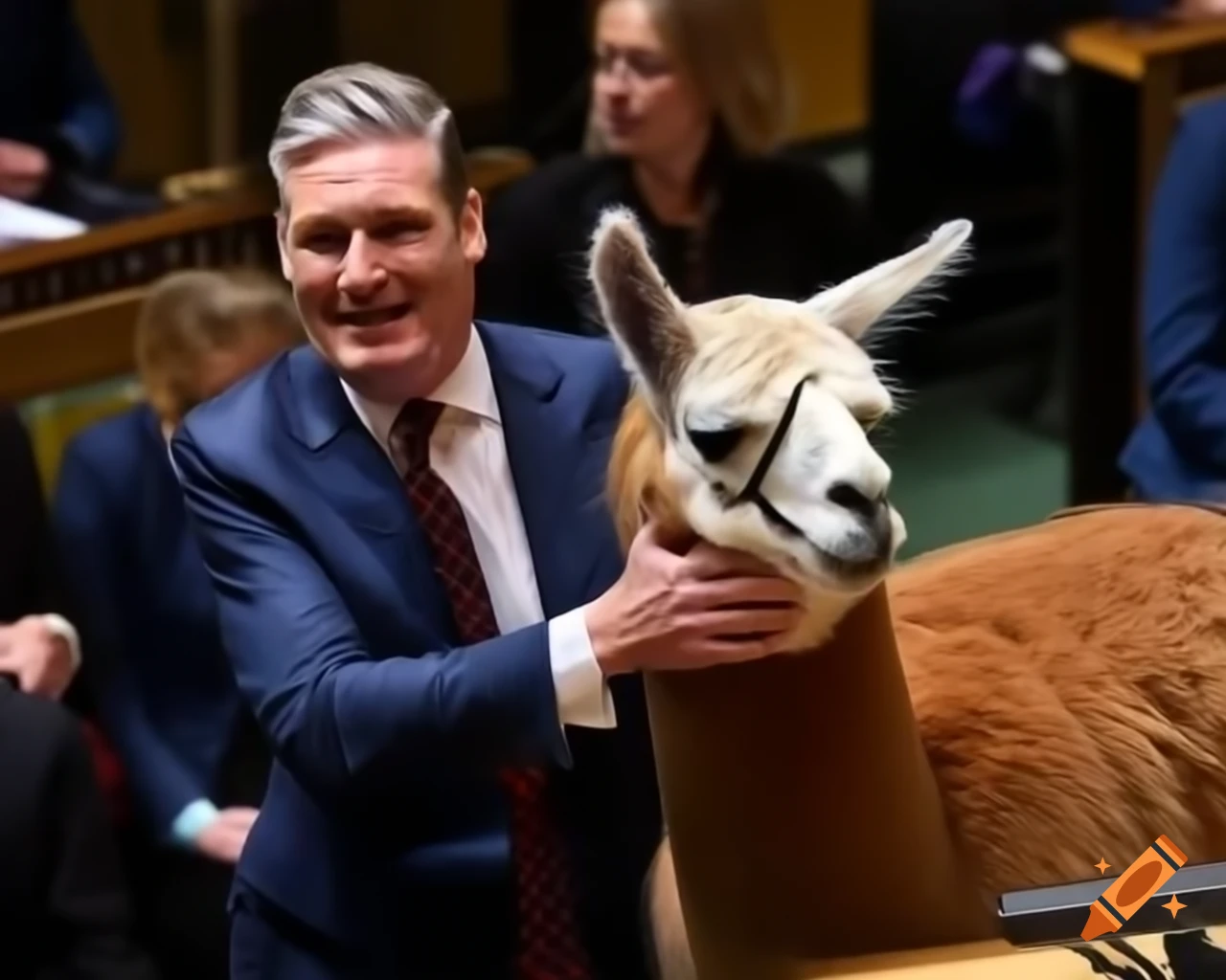 Keir Starmer riding a llama in a parliament setting with hyper ...