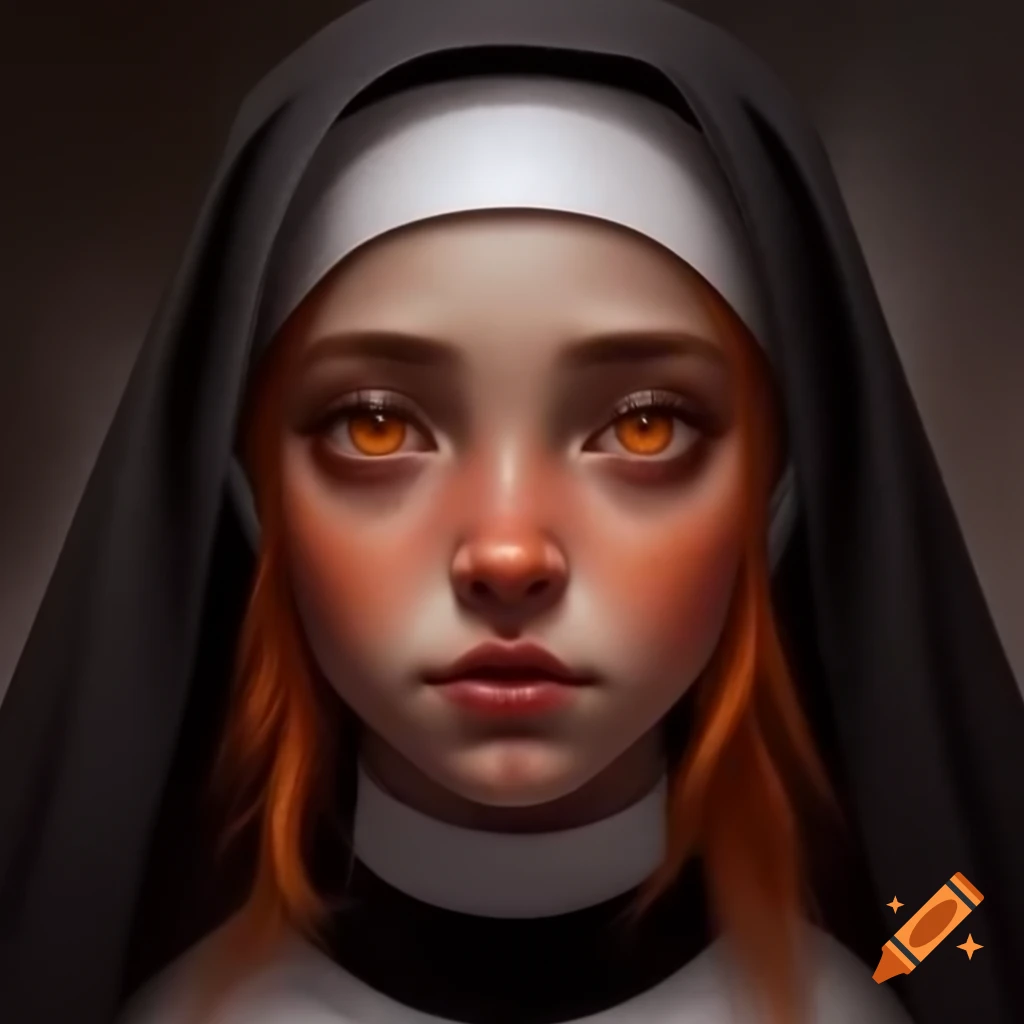 Portrait of young female nun with orange hair and eyes, realistic style ...