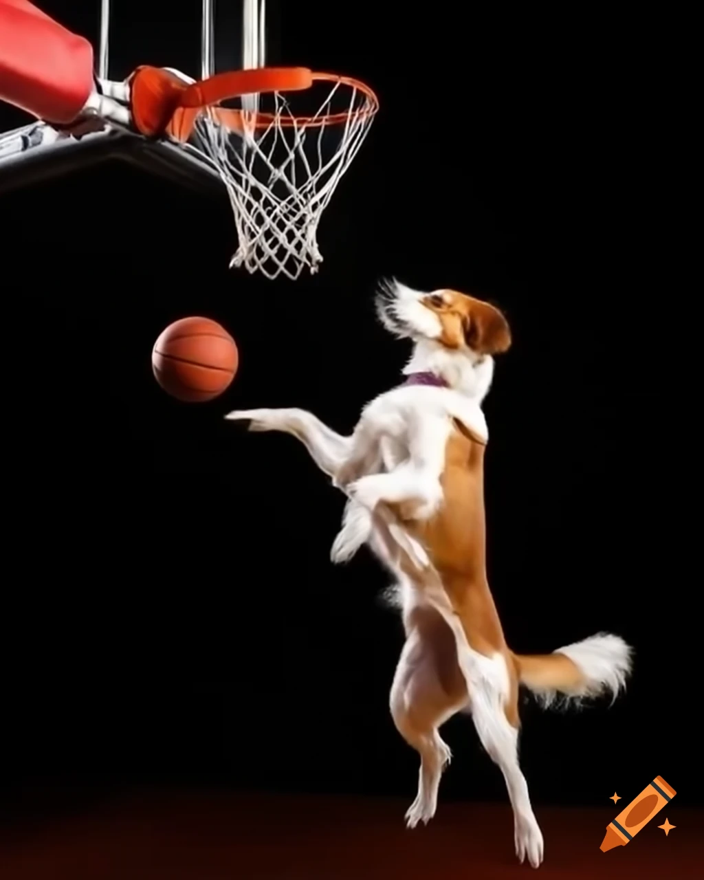 Dog dunking ball in basketball hoop on Craiyon