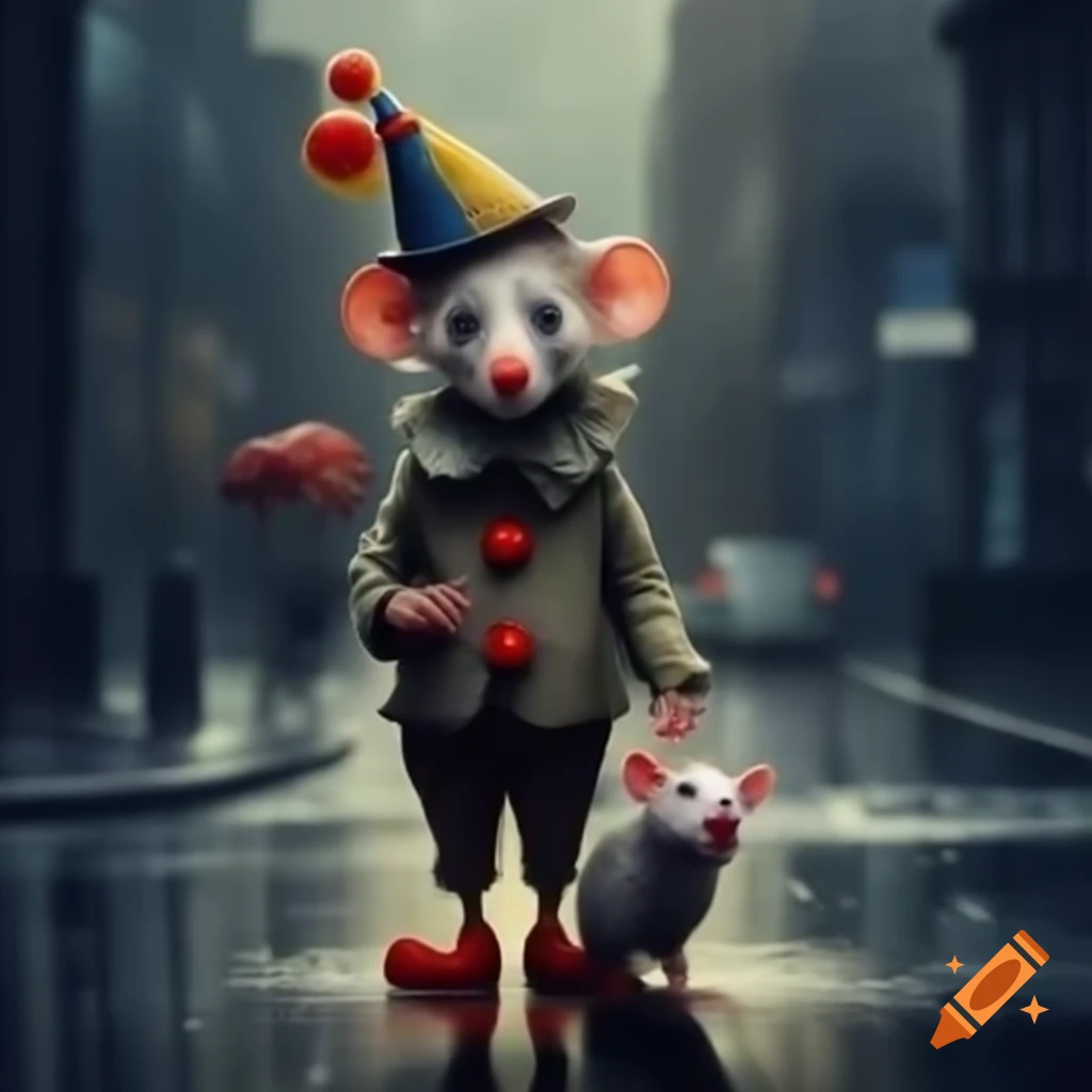 Clown disguised rat scurrying through rain-slicked city street on Craiyon