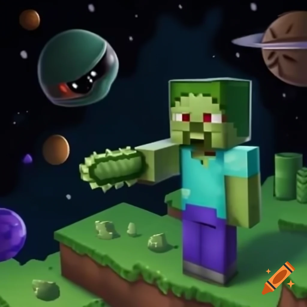 Minecraft zombie chasing space alien with cucumber on Craiyon