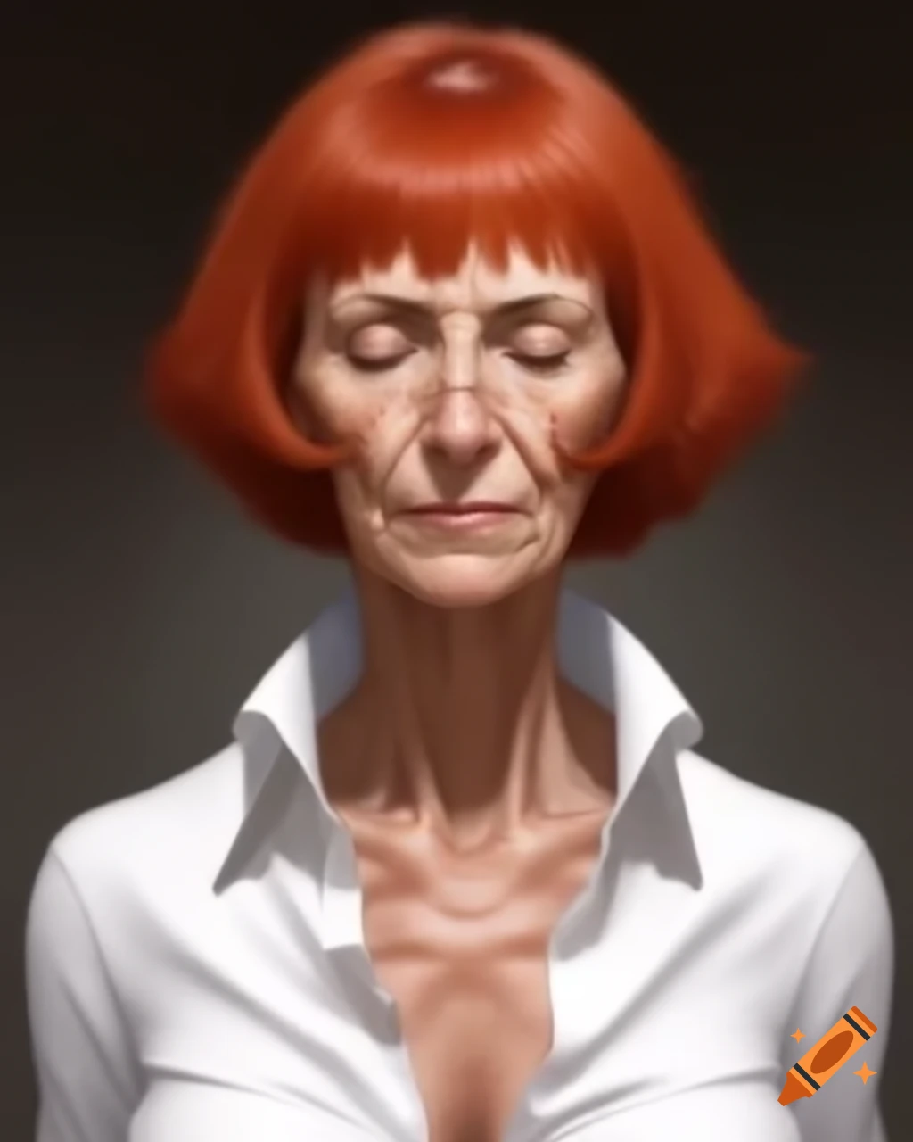 Mature woman in white shirt with closed eyes and red ponytail facing ...