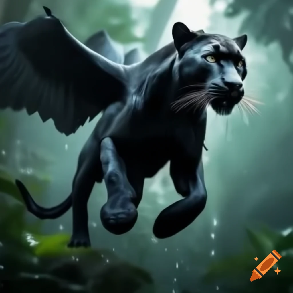 Majestic black panther flying through rainforest canopy with wings ...