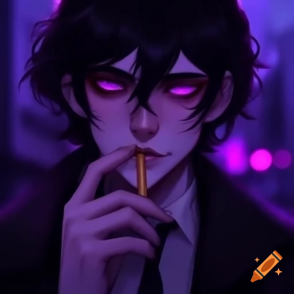 Detective with sharp features and purple eyes reflecting city lights ...