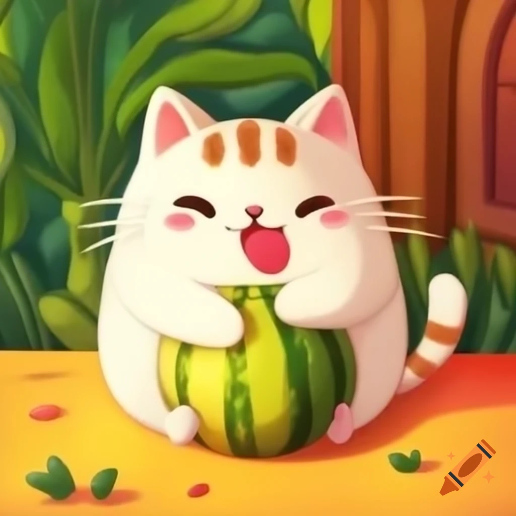 Cute white chunky cat playing with a melon on Craiyon