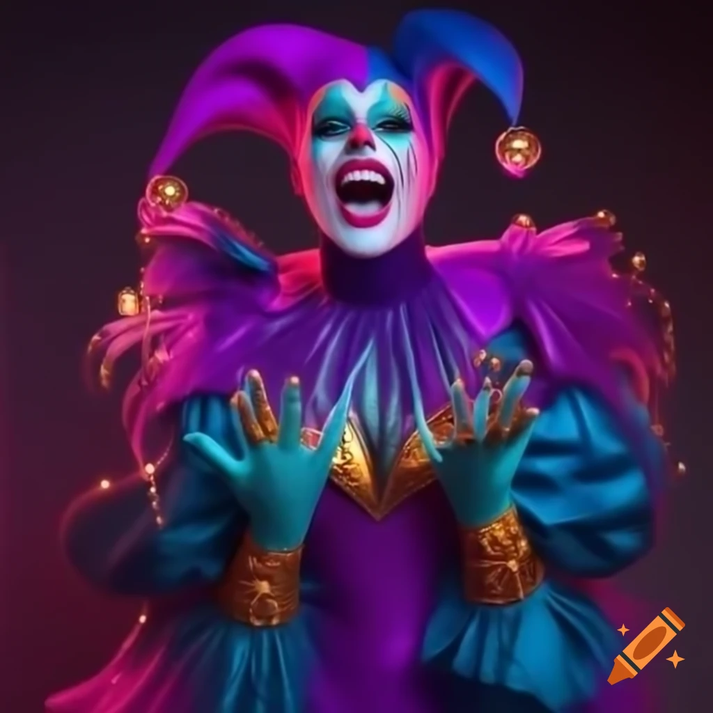 Vibrant supervillain themed look for drag queen Lulu Lala as The Joyous Jester on Craiyon