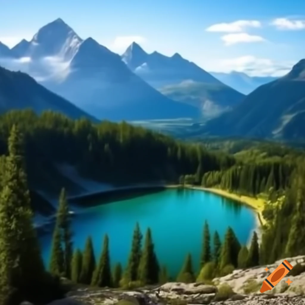 Scenic view of mountains and a lake on Craiyon