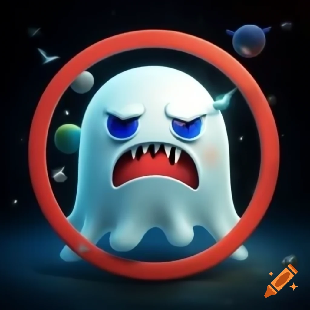 Angry Pac-Man ghost with chomping teeth and teleportation effect on Craiyon