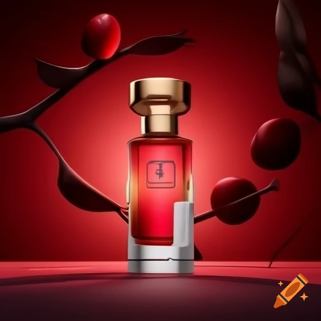 Hyper-realistic digital artwork of modern Arabian attar bottle with red ...