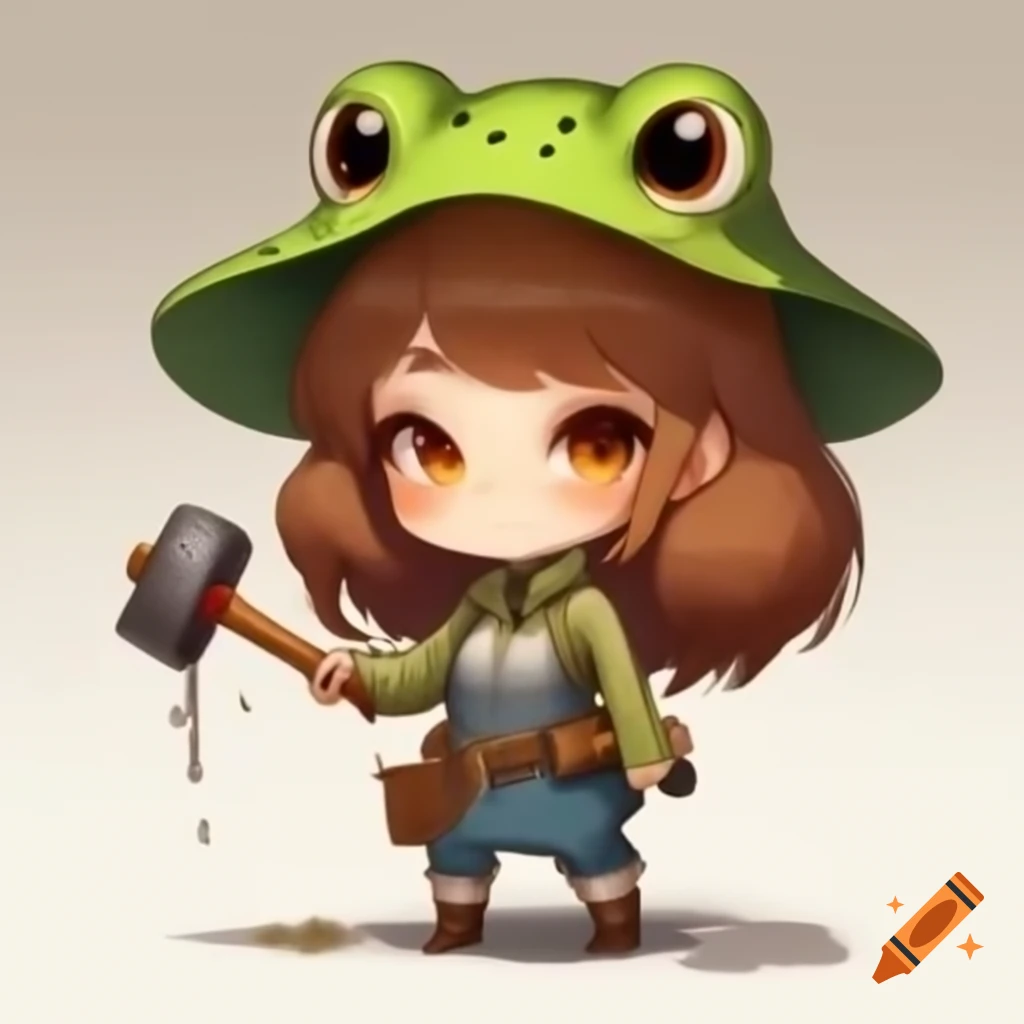 Chibi woman with brown hair wearing frog hat and holding a hammer on ...