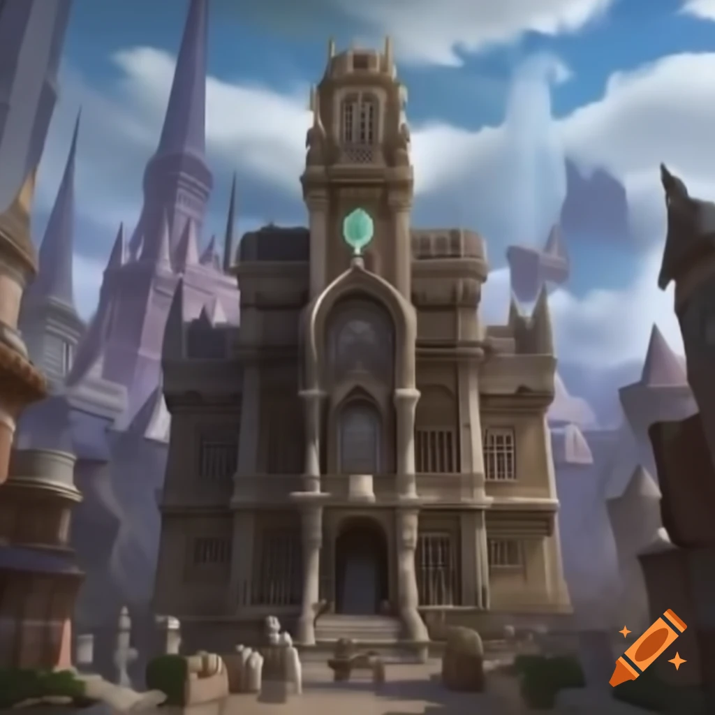 Three-story town hall with intricate carvings in a vibrant fantasy city ...