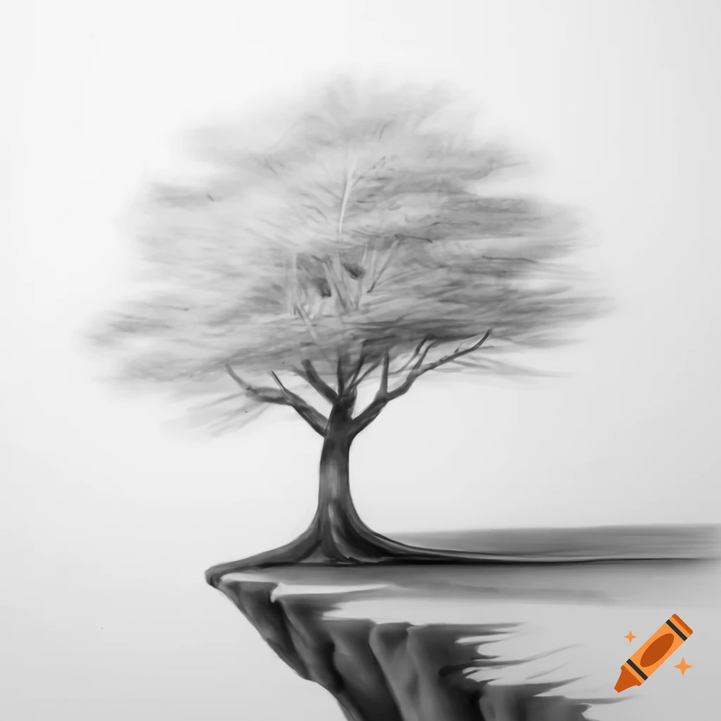 Pencil sketch of a tree on a cliff side on Craiyon