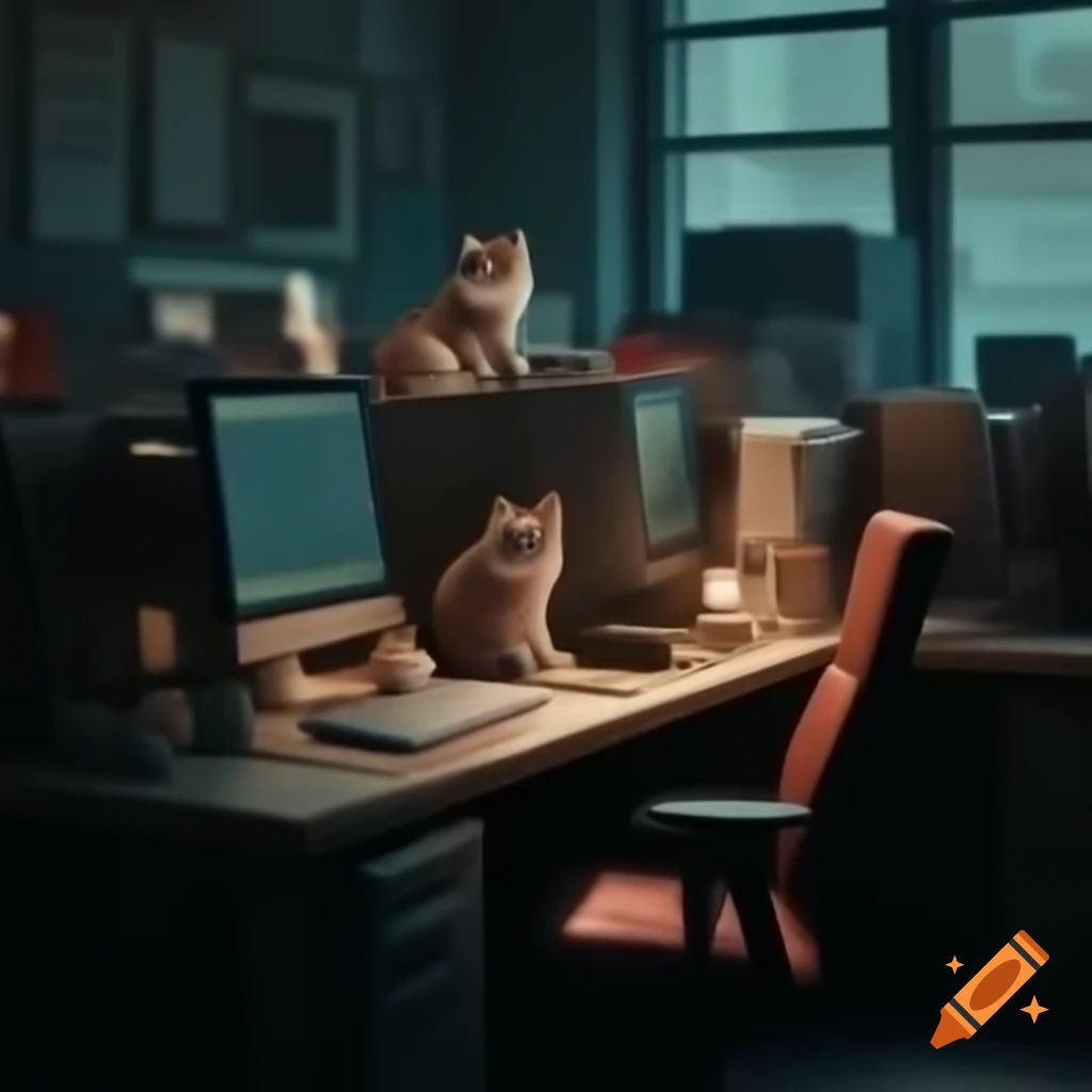 Cozy office building with cats at computers in booths, photorealistic ...
