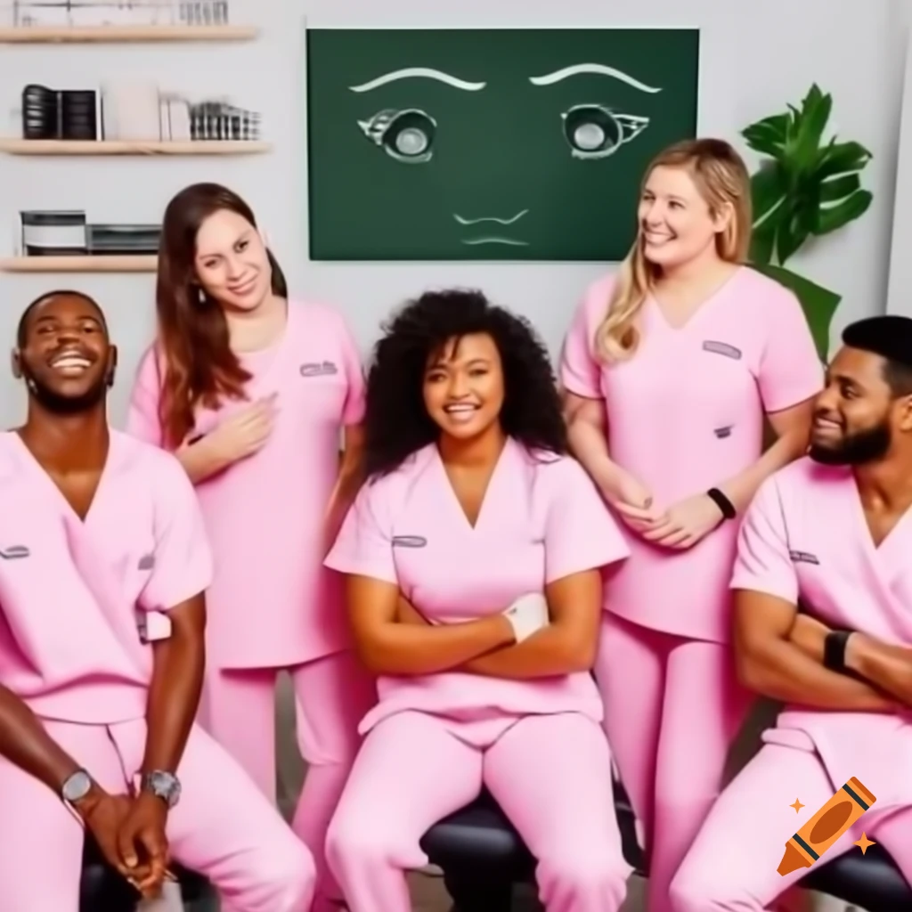 Group of lash artists in pink scrubs collaborating in modern studio on Craiyon