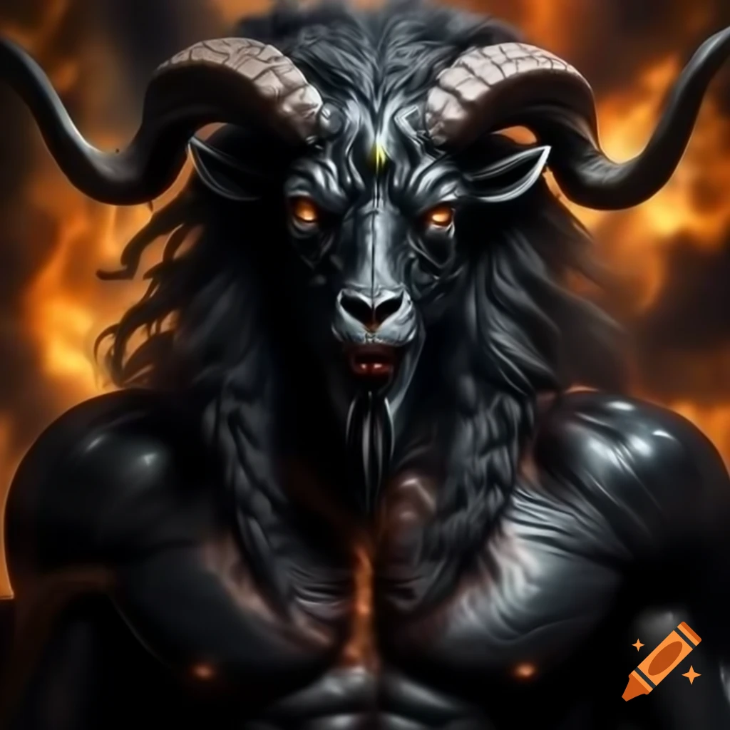 Majestic black goat demon with flowing hair and formidable horns in ...