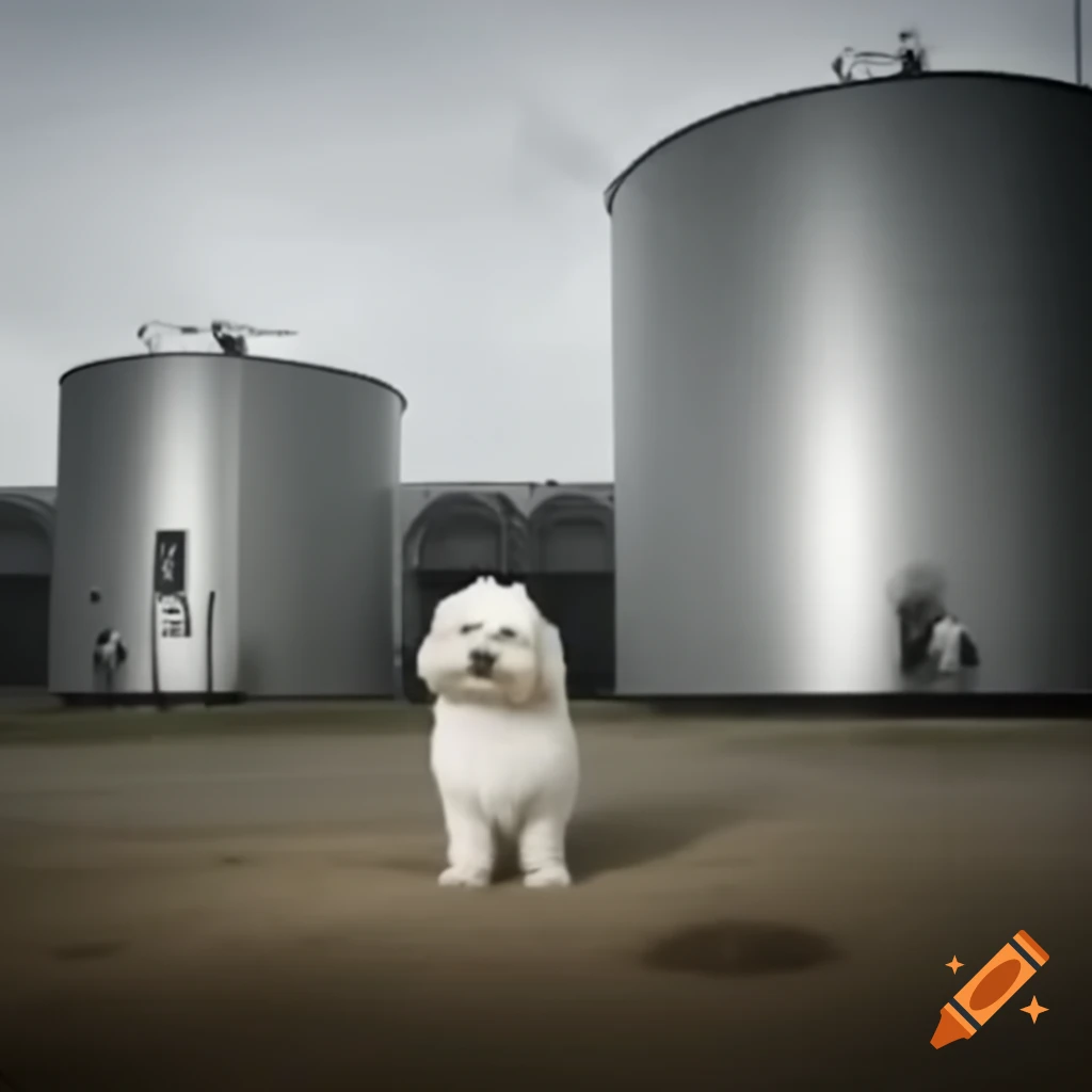 Small fluffy dog in front of public water system tanks on Craiyon