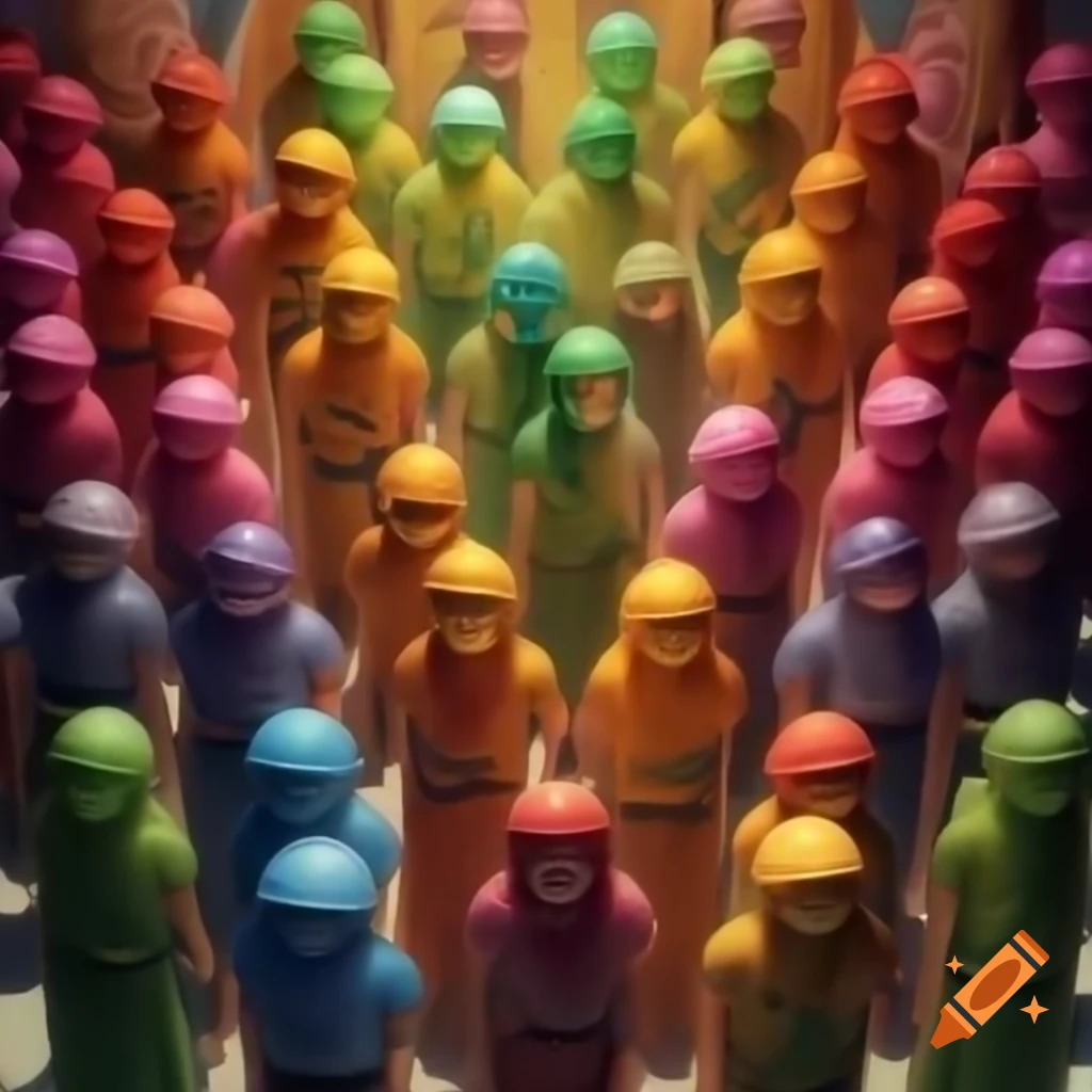 Colorful army of crayons marching in perfect formation on Craiyon