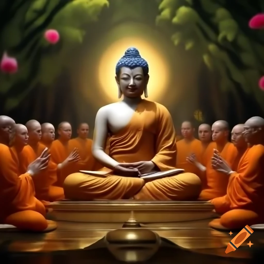 Buddha's final moments under Sal trees with monks in saffron robes on ...