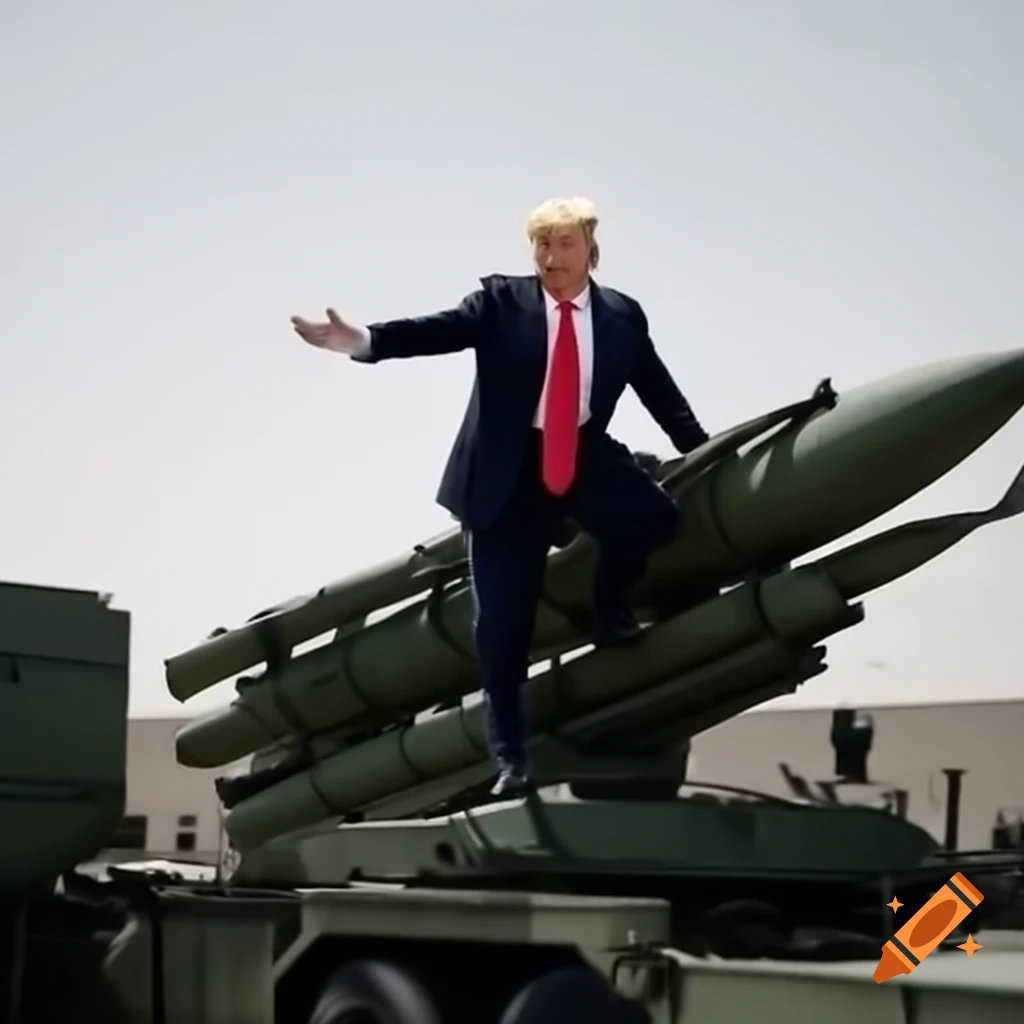 Donald trump riding missile representation, satirical artwork on Craiyon