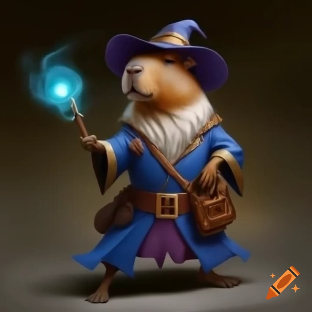 Wizard capybara in fighting pose with magical staff on Craiyon
