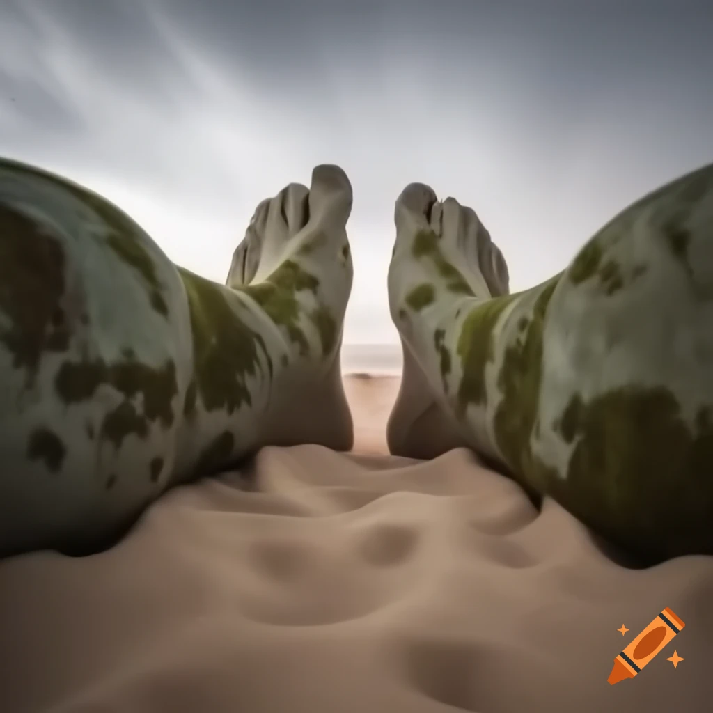 Eerie scene of broken statue legs rising from desert sands, covered in ...