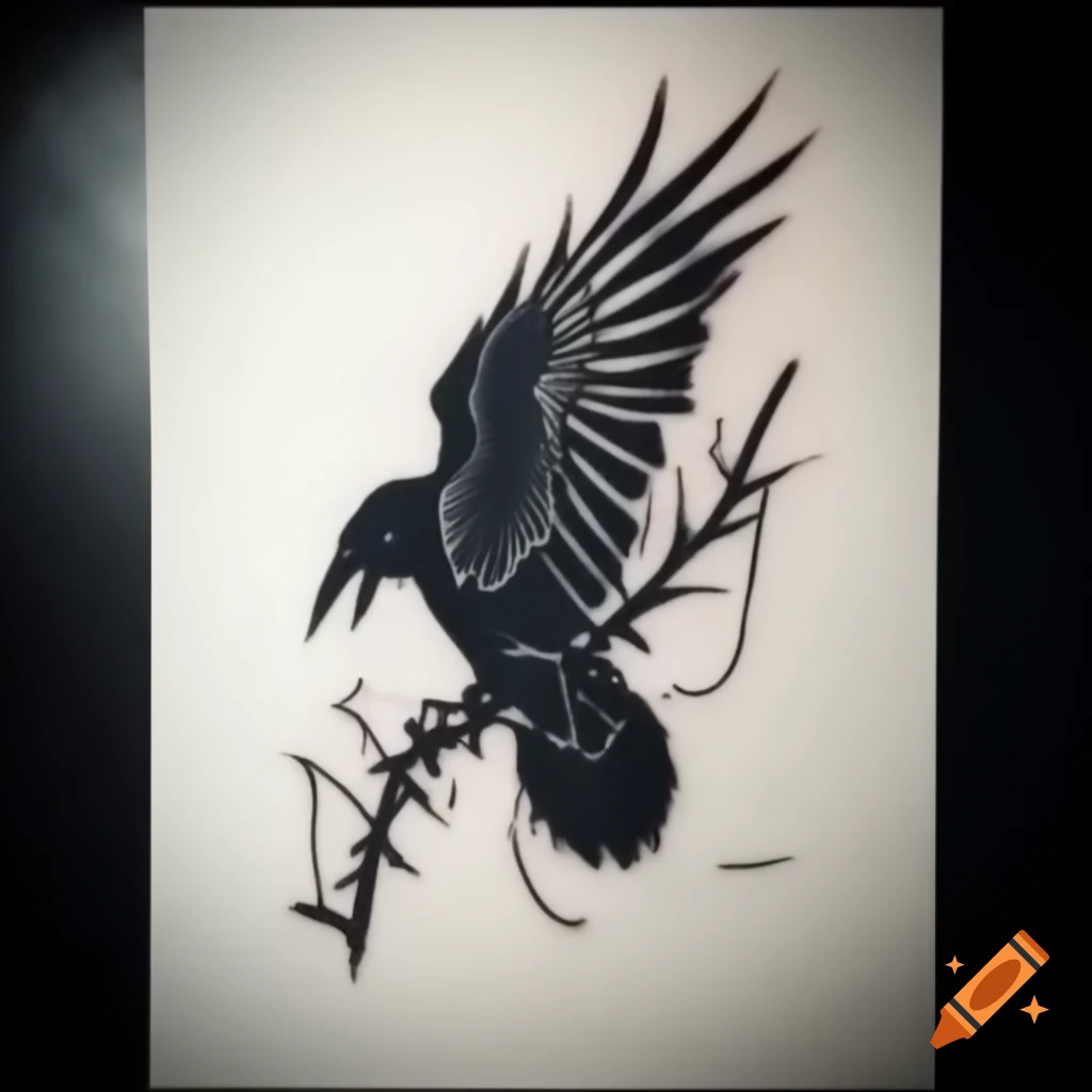 Minimalist black ink tattoo of raven on branch with barbed wire on Craiyon