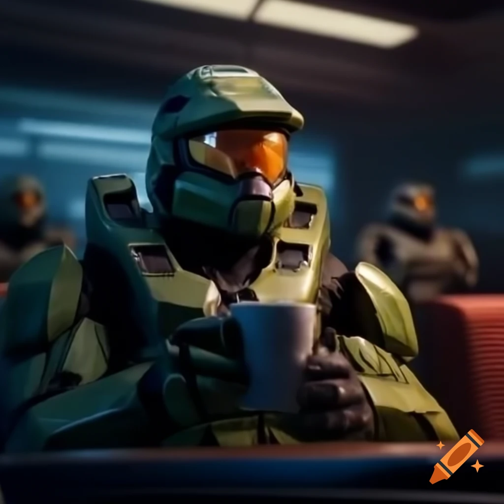 Master Chief relaxing in facility lounge with coffee on Craiyon
