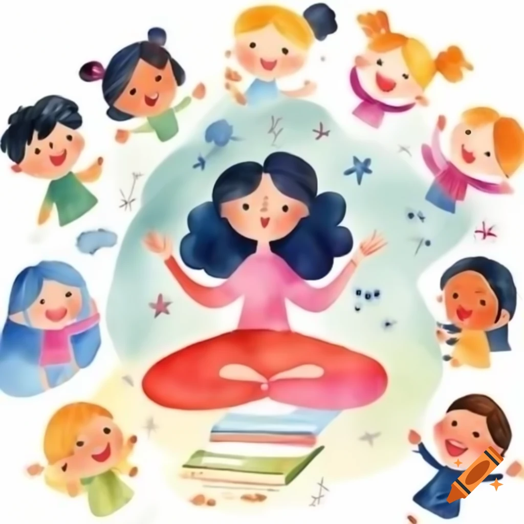Joyful woman with children practicing mindfulness, watercolor style on ...