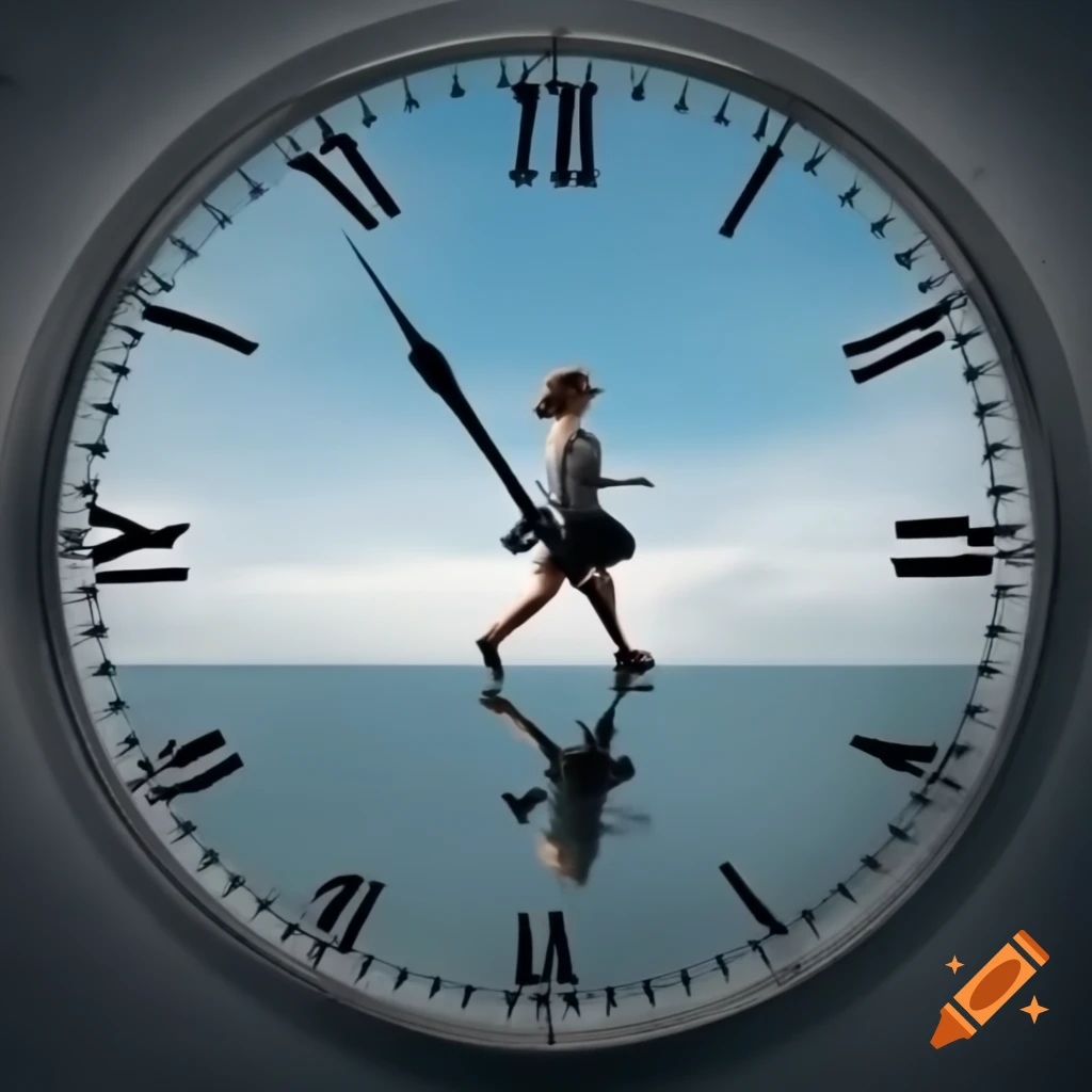 Concept of time loop featuring clocks and girl with multiple ...