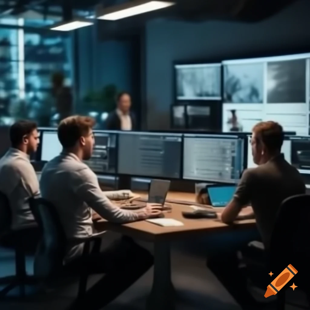 Developers collaborating on custom software solutions in modern workspace on Craiyon