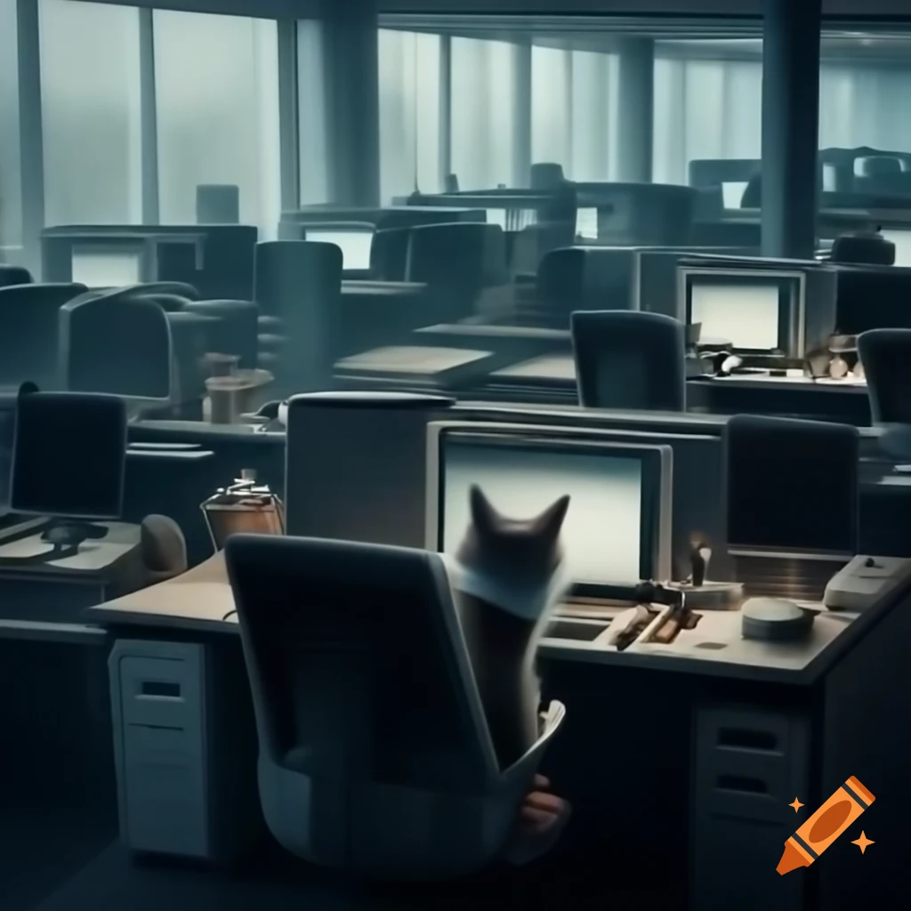 Photorealistic depiction of cats working at computers in an office ...