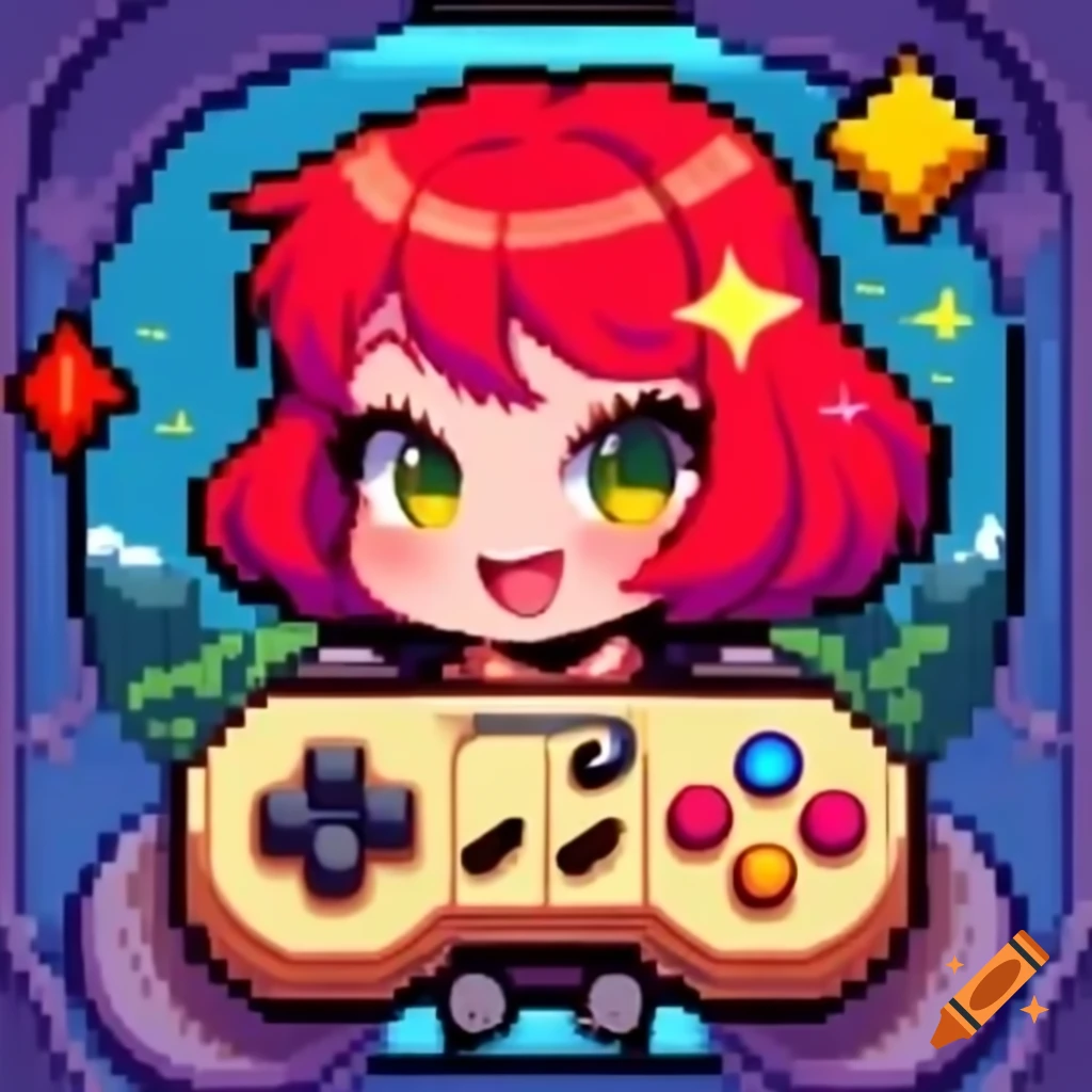 Chibi woman with red hair playing on vintage tv with retro controller ...