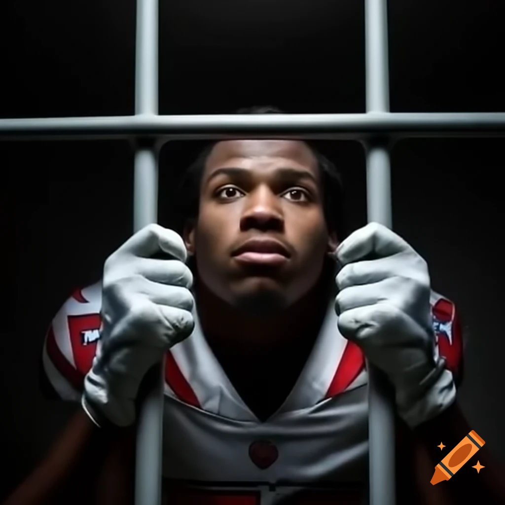 Football player behind bars in jail setting on Craiyon
