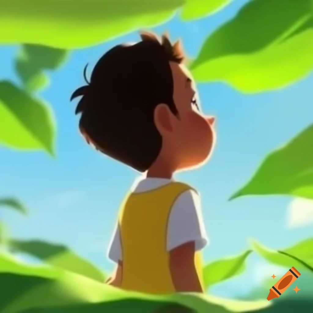 Boy gazing at green leaves and animated ash in the sky on Craiyon